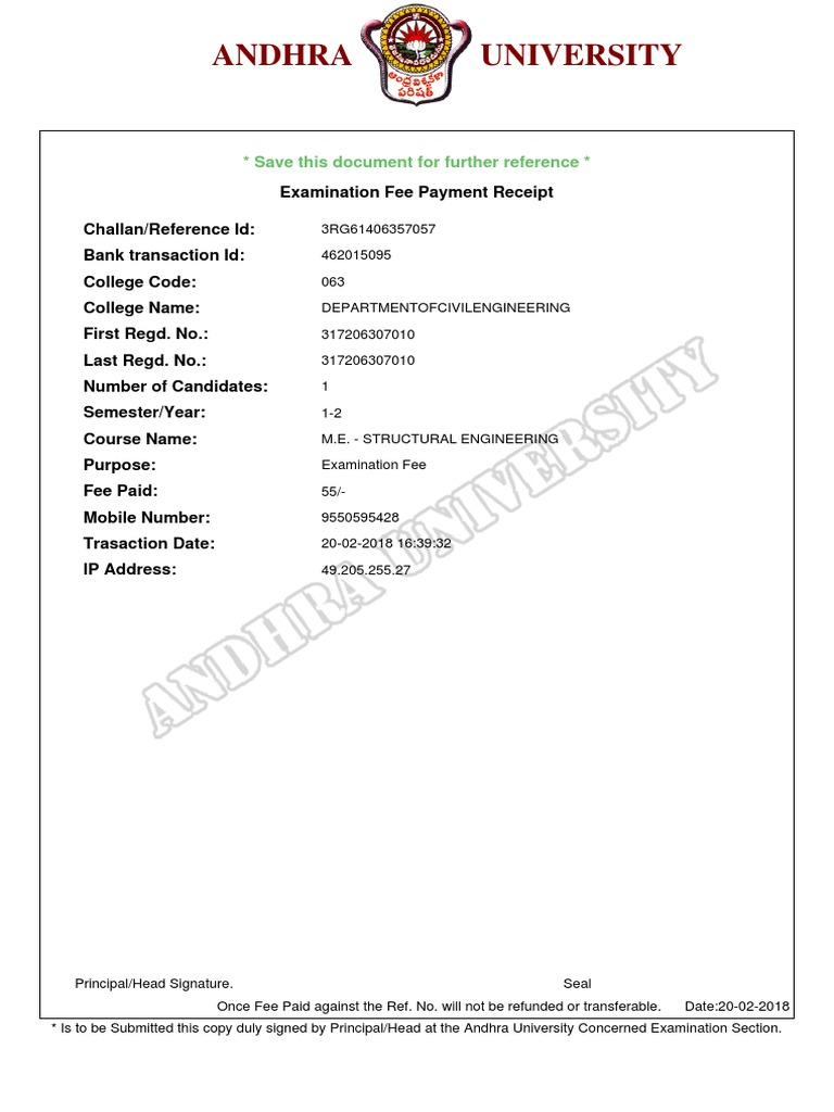 Andhra University Exam Fee Receipt | PDF | Technology & Engineering