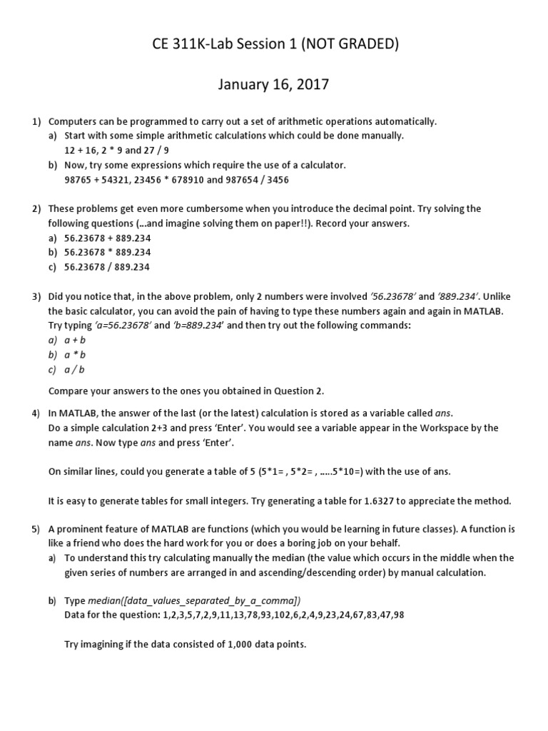 CE 311K-Lab Session 1 (NOT GRADED) January 16, 2017: A) A + B B) A B C) A / B | PDF