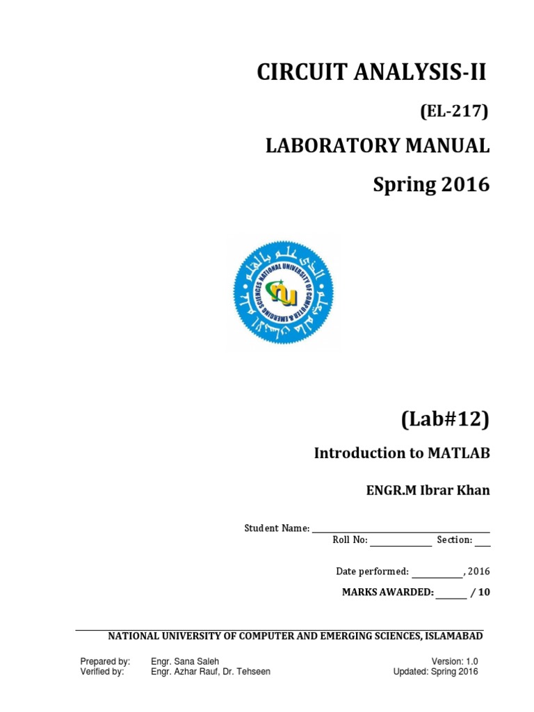 Circuit Analysis-Ii: Laboratory Manual Spring 2016 | Download Free PDF | Matlab | Laplace Transform