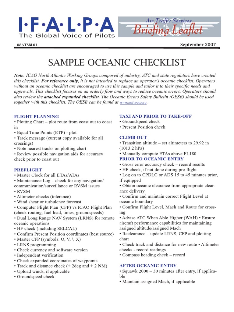 08ATSBL01 - Oceanic Checklist | Air Traffic Control | Altimeter