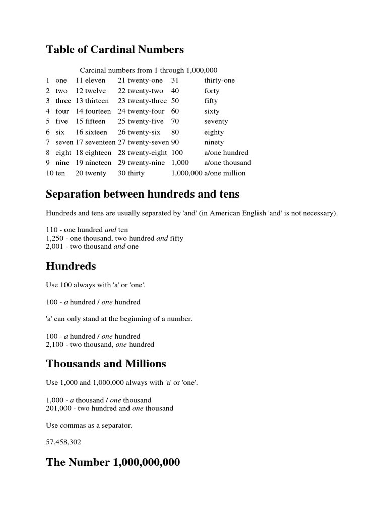 Table of Cardinal Numbers | Download Free PDF | Preposition And ...