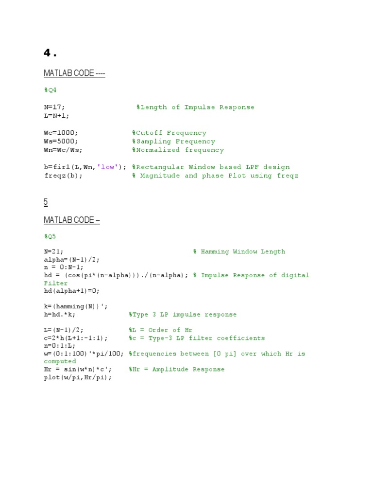 Matlab Code - : %Q4 %length of Impulse Response | PDF | Low Pass Filter ...