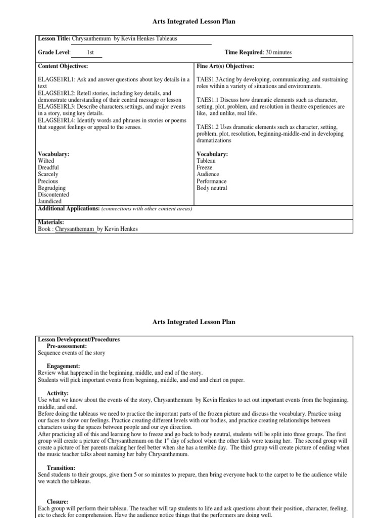 Arts Integration Lesson Chrysanthemum Tableau | PDF | Lesson Plan ...