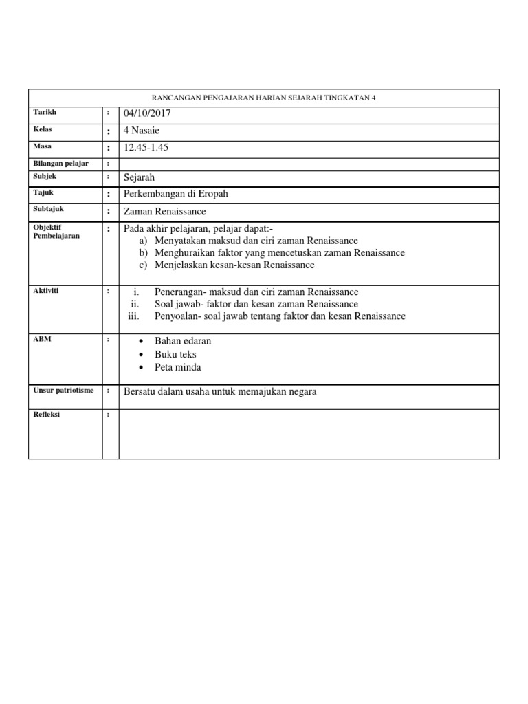 Rancangan Pengajaran Harian Sejarah Tingkatan 4 | PDF