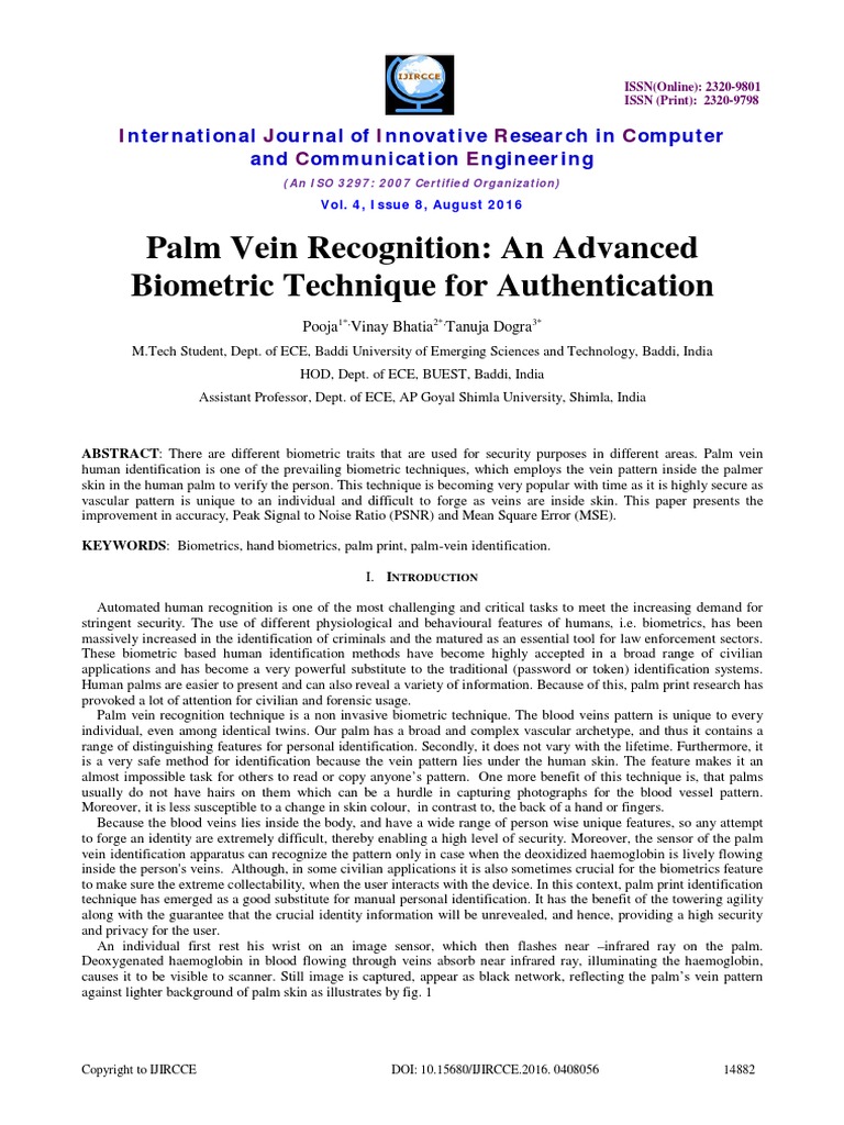 Palm Vein Recognition: An Advanced Biometric Technique For Authentication | PDF | Artificial ...