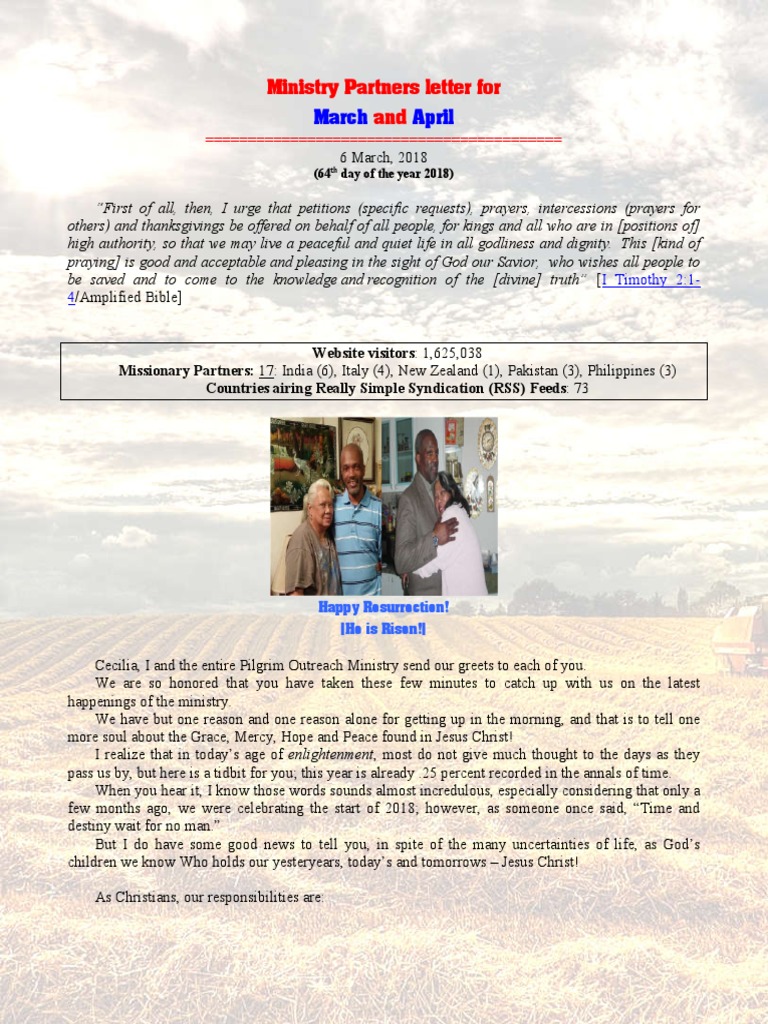 Ministry Partner Letter March and April 2018 | PDF | Holidays | Jesus