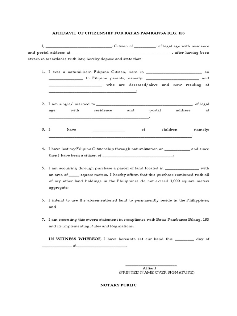 Affidavit of Citizenship For BP 185 | PDF