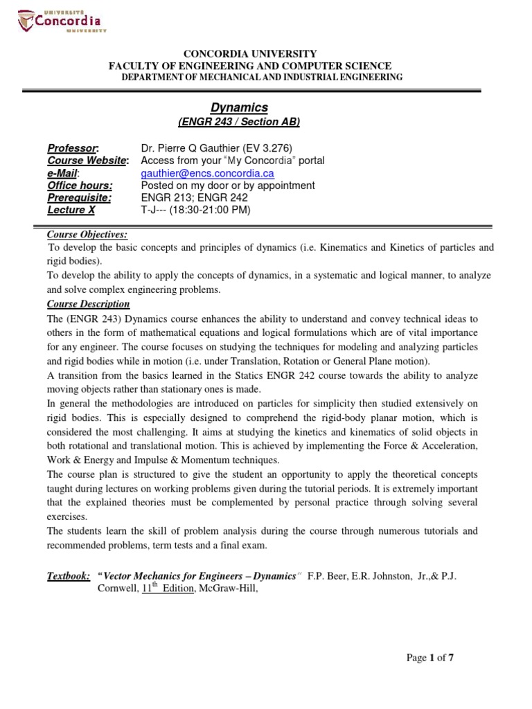 ENGR 243 Course Outline-Summer 2017 | PDF | Rotation Around A Fixed Axis | Momentum