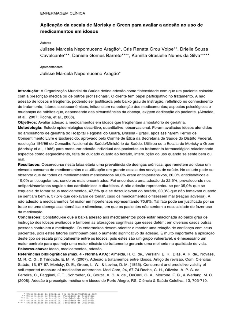 Aplicação Da Escala de Morisky e Green para Avaliar A Adesão Ao Uso de ...