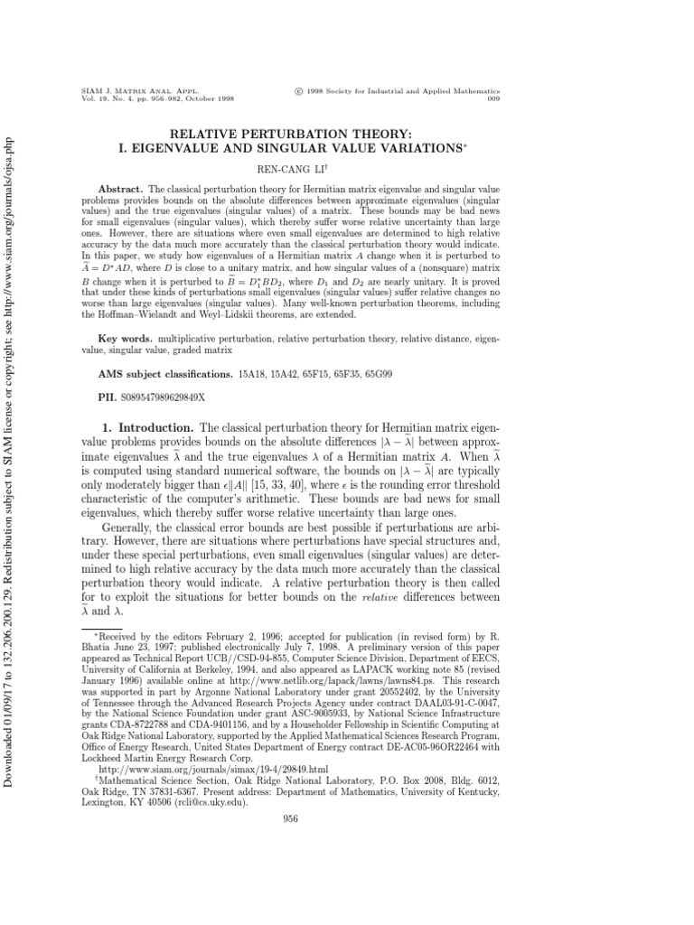 Relative Perturbation Theory I | PDF | Matrix (Mathematics ...