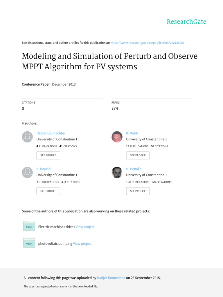 Modeling and Simulation of Perturb and Observe MPPT Algorithm For PV Systems | PDF ...