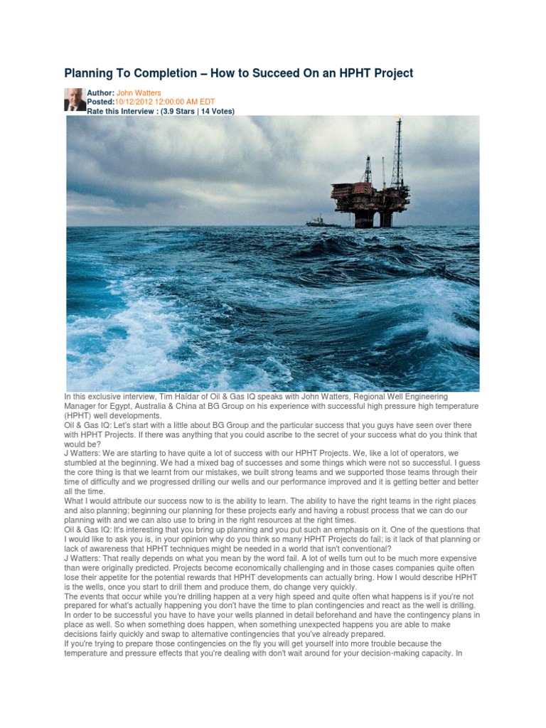 Planning To Completion HPHT Article | PDF | Oil Well | Chemical Reactions