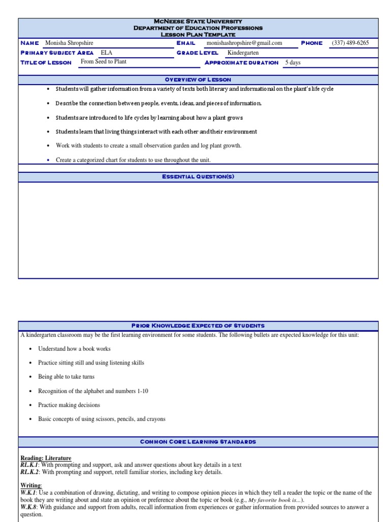 From Seed To Plant Kindergarten Lesson Plan | PDF | Lesson Plan | Plants