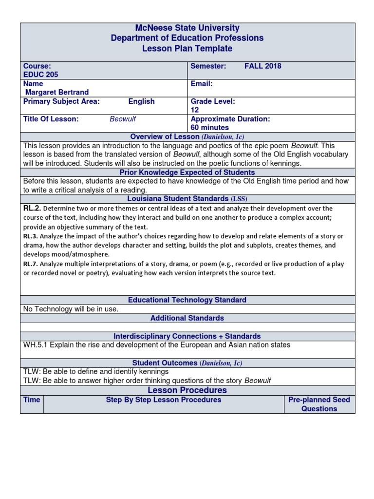 Beowulf Lesson Plan | Download Free PDF | Educational Assessment | Teachers