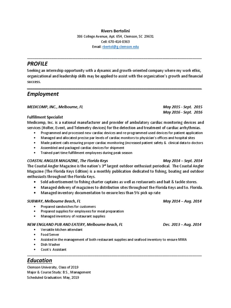Rivers Bertolini Resume 2 | PDF | Restaurants | Health Care