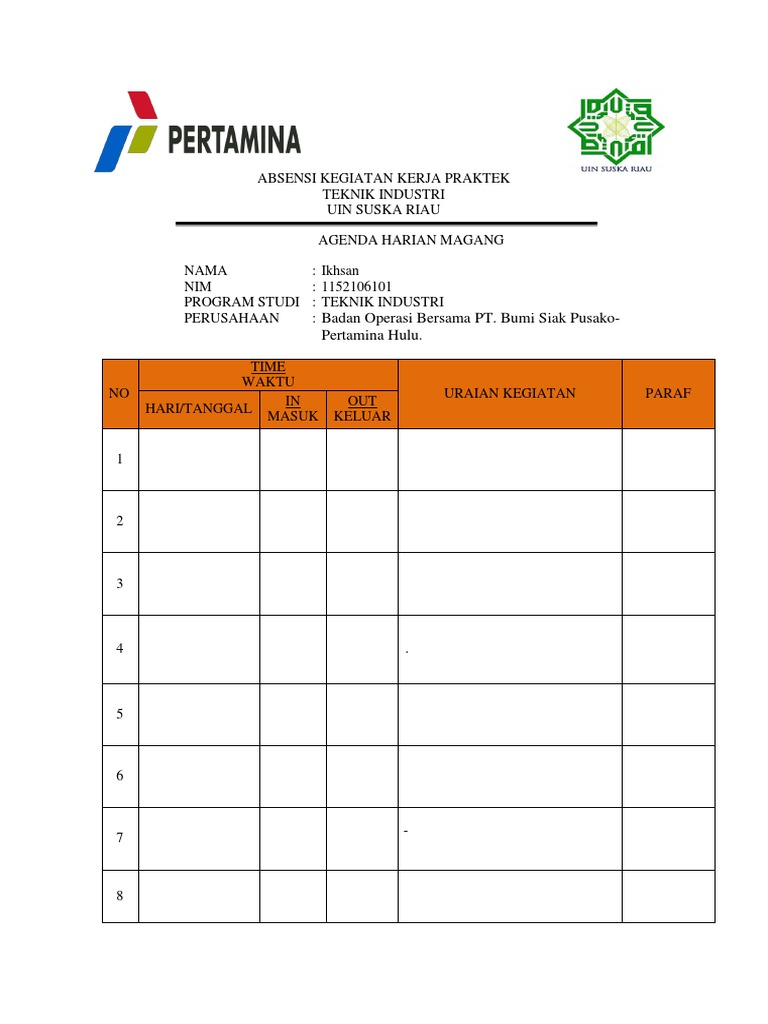 Contoh Format Absensi Magang Mahasiswa | PDF