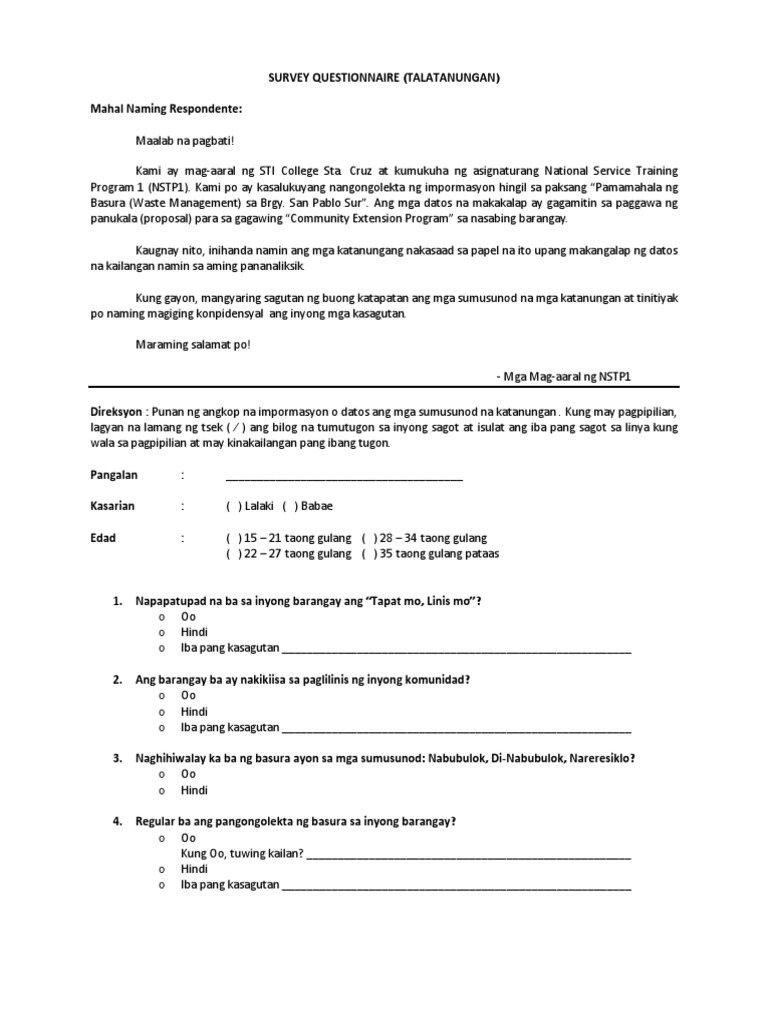 NSTP Revised Survey Questionnaire | PDF