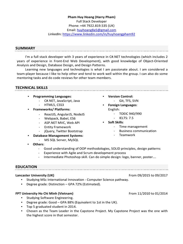 (Full Stack Developer) Hoang Pham | PDF | Mobile App | Software Framework