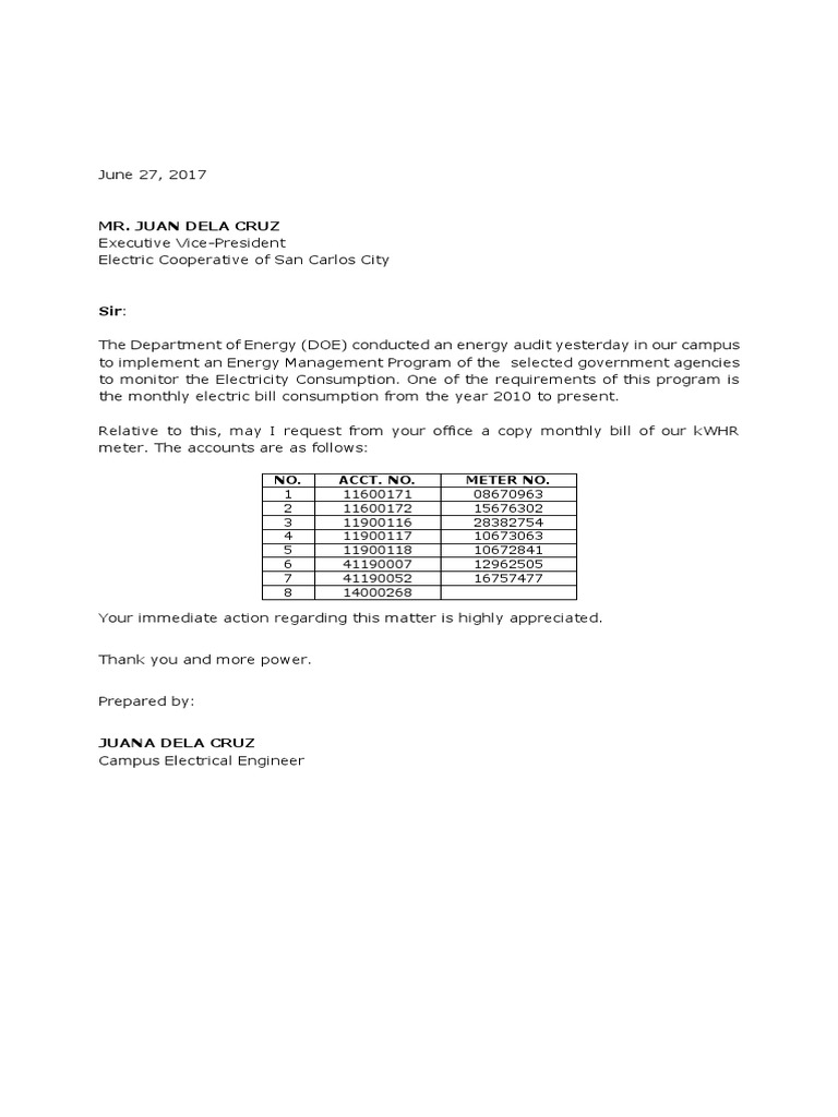Sample of Letter Requesting For Electricity Bill Records | PDF
