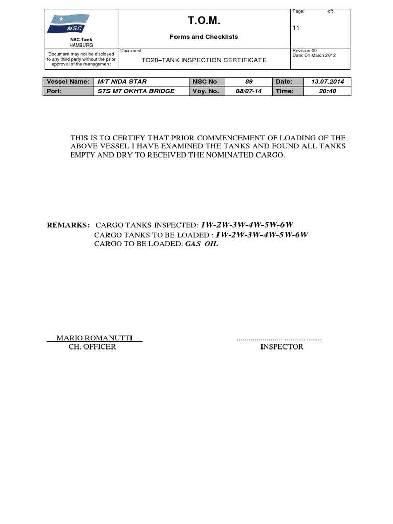 TO20 - Tank Inspection Certificate | PDF