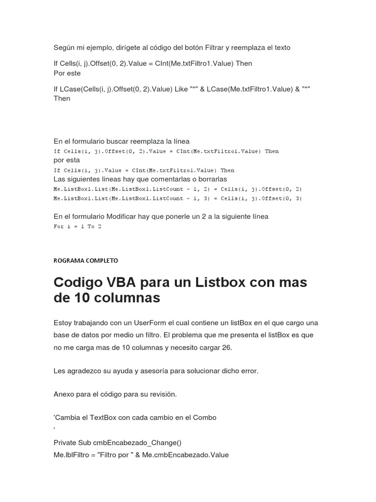Codigo VBA para Un Listbox Con Mas de 10 Columnas | PDF | Informática ... Codigo VBA para Un Listbox Con Mas de 10 Columnas | PDF | Informática ...