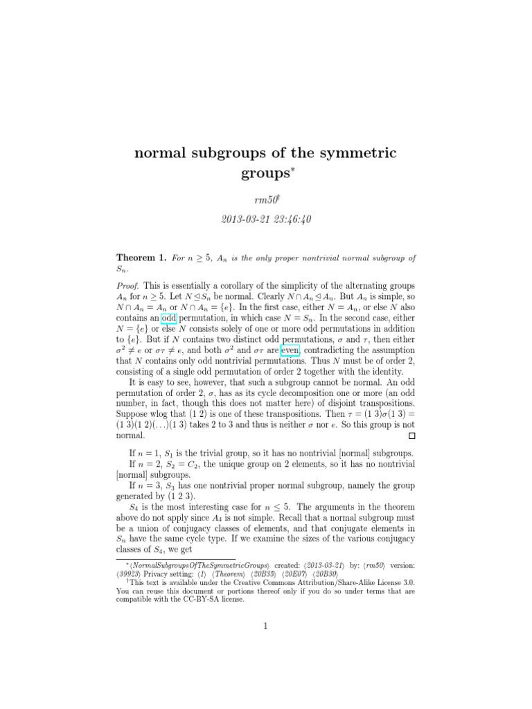 Normal Subgroups of The Symmetric Groups | PDF | Permutation | Combinatorics