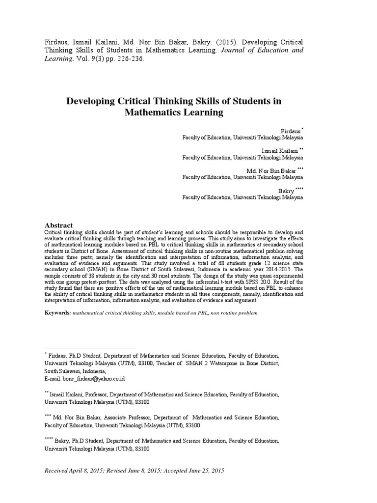 Enhancing Critical Thinking in Math Education | PDF | Critical Thinking ...
