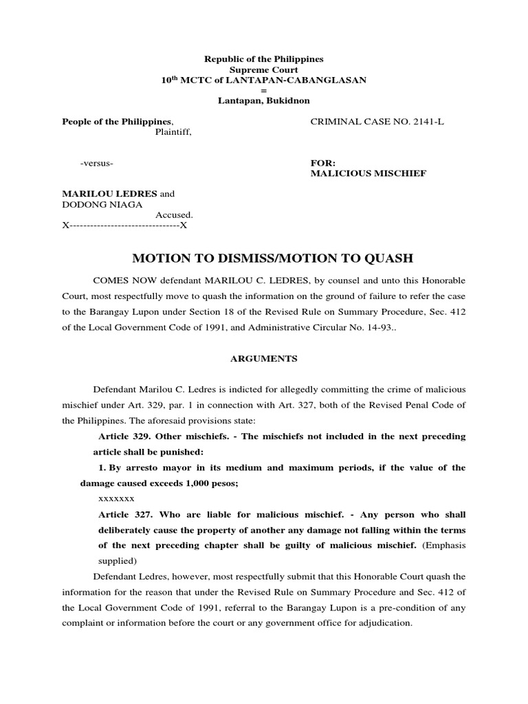 Motion To Quash Ledres Final | PDF | Complaint | Summary Judgment