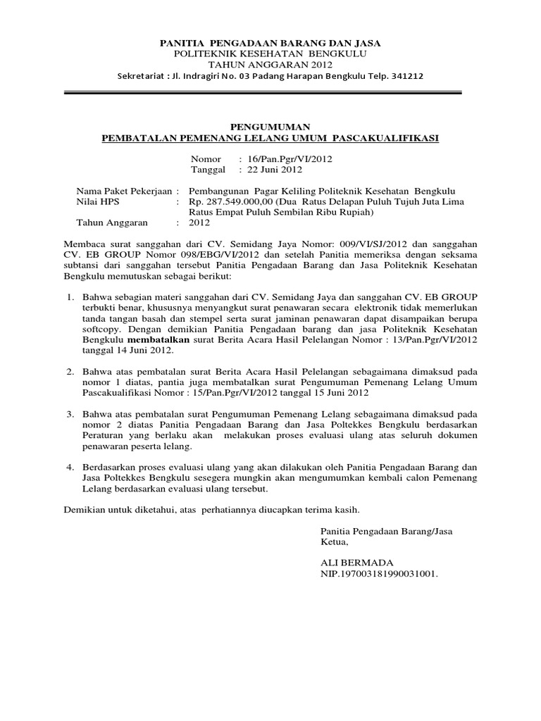 Ba Pembatalan Pemenang Lelang PGR | PDF