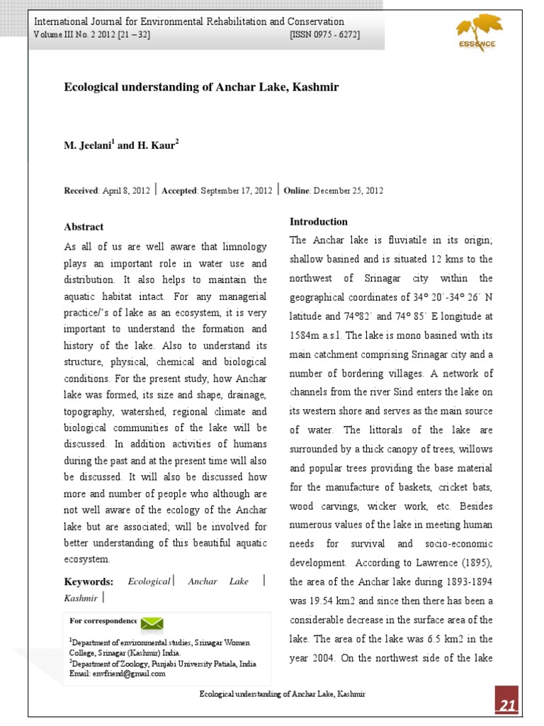 Ecological Understanding of Anchar, Lake, Kashmir | PDF | Lake | Magnesium