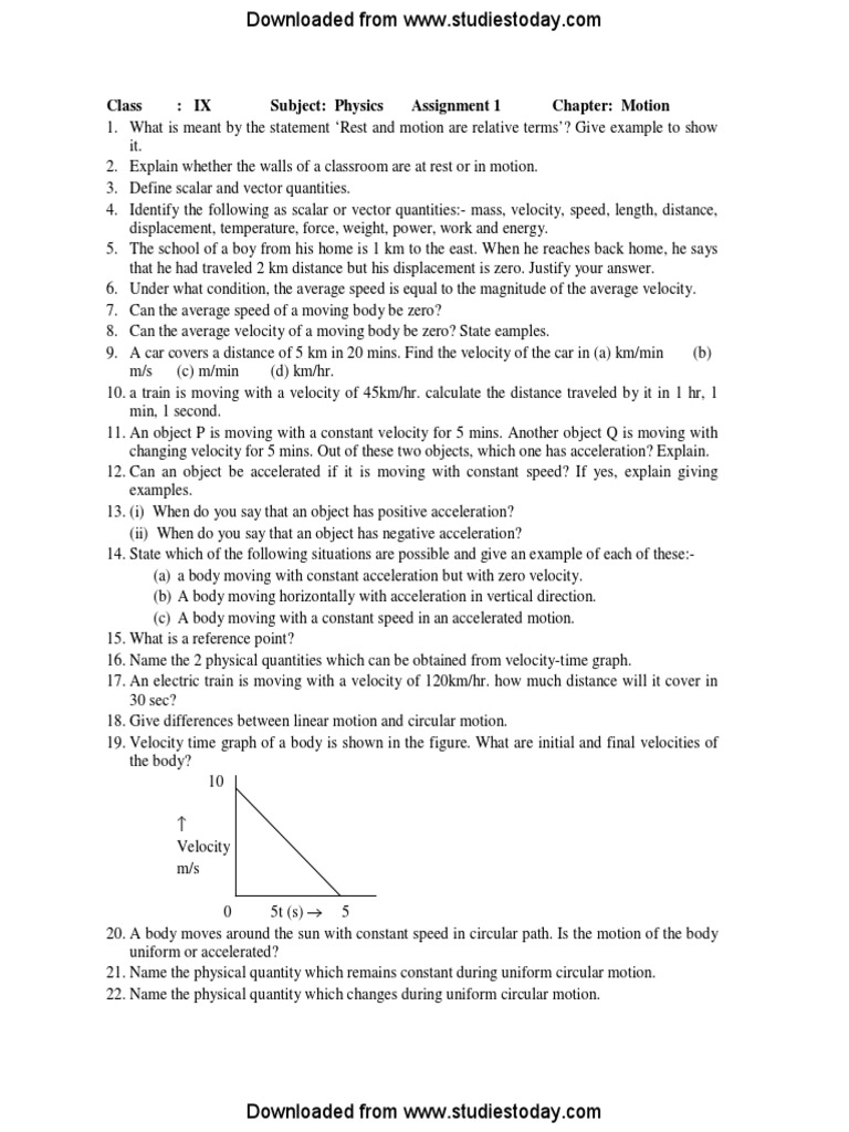 CBSE Class 9 Physics Worksheet | PDF | Velocity | Acceleration