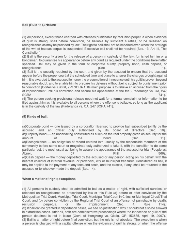 Bail (Rule 114) Nature | PDF | Bail | Legal Concepts