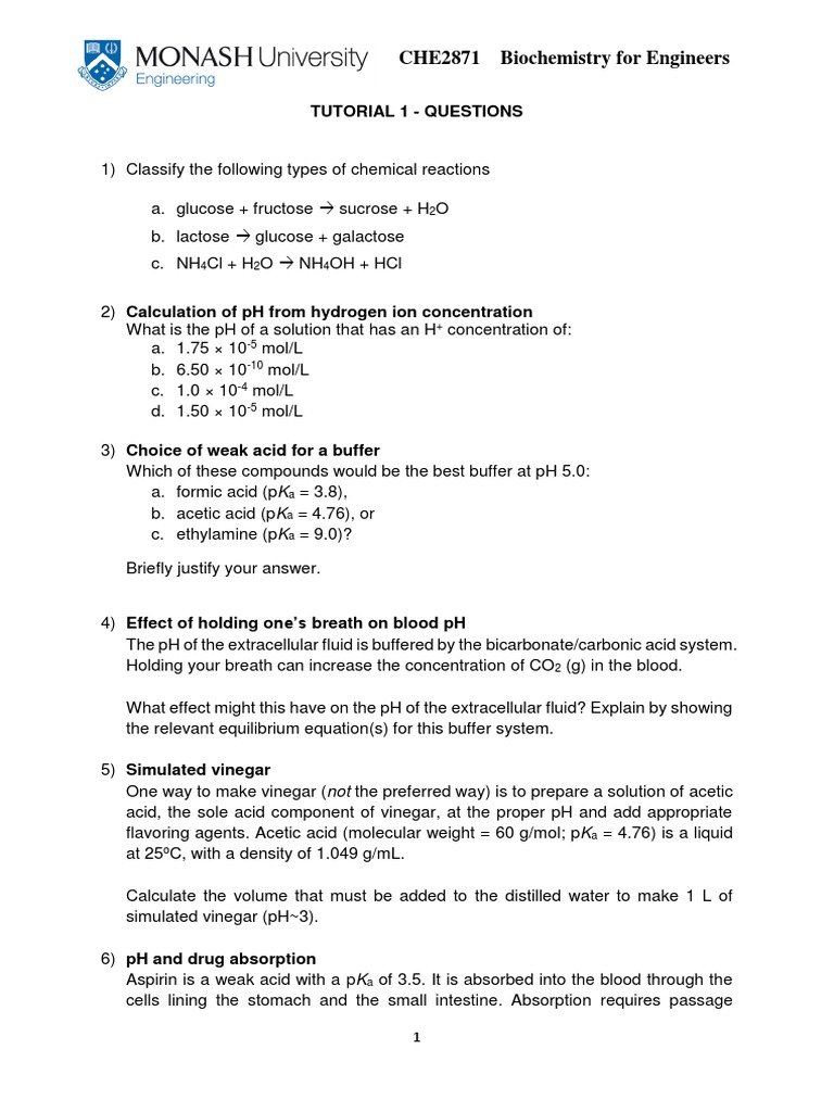CHE2871 Biochemistry For Engineers | PDF | Ph | Buffer Solution
