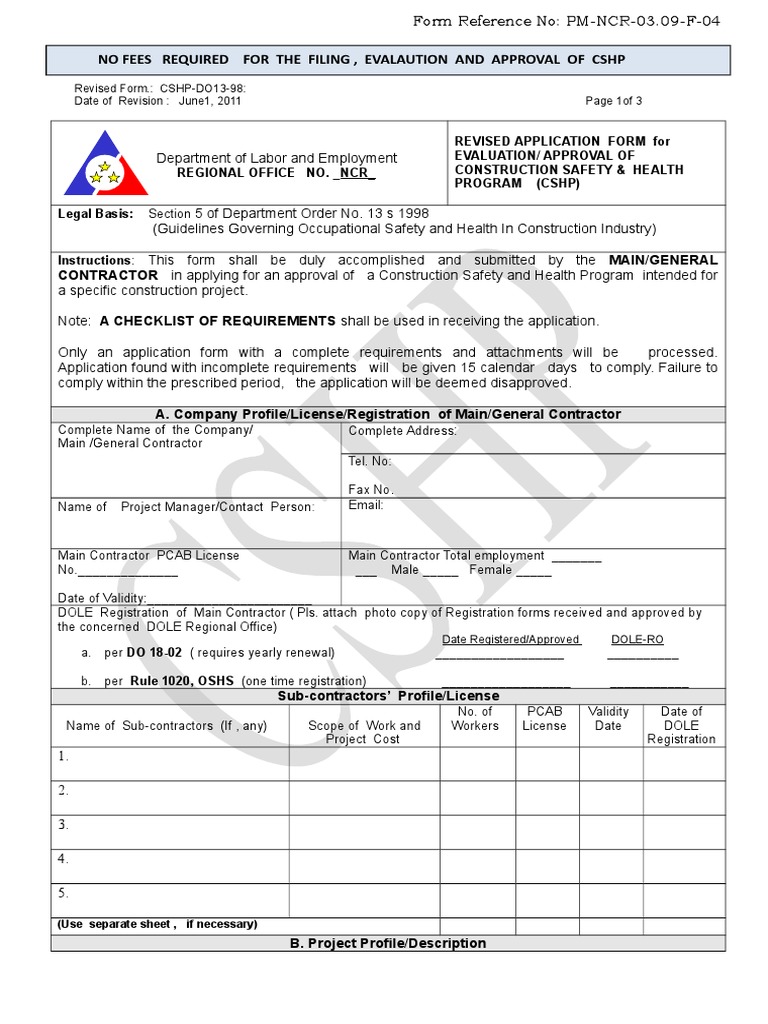 CSHP Application Form for Contractors | PDF | Employment | Occupational ...