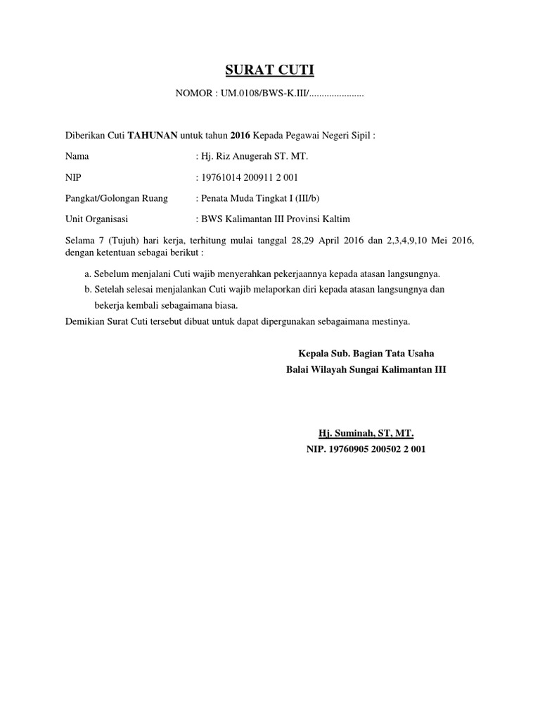 Surat Cuti Tahunan PNS 2016 | PDF