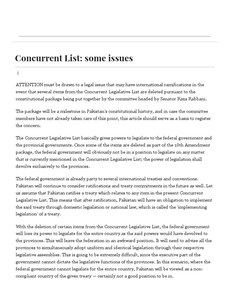 Concurrent List - Some Issues - DAWN | PDF | Ratification | Treaty