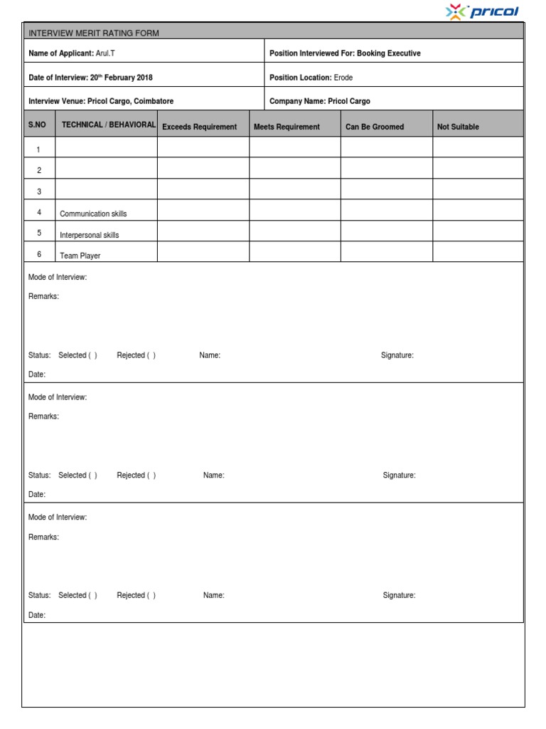 Interview Merit Rating for Arul T. | PDF