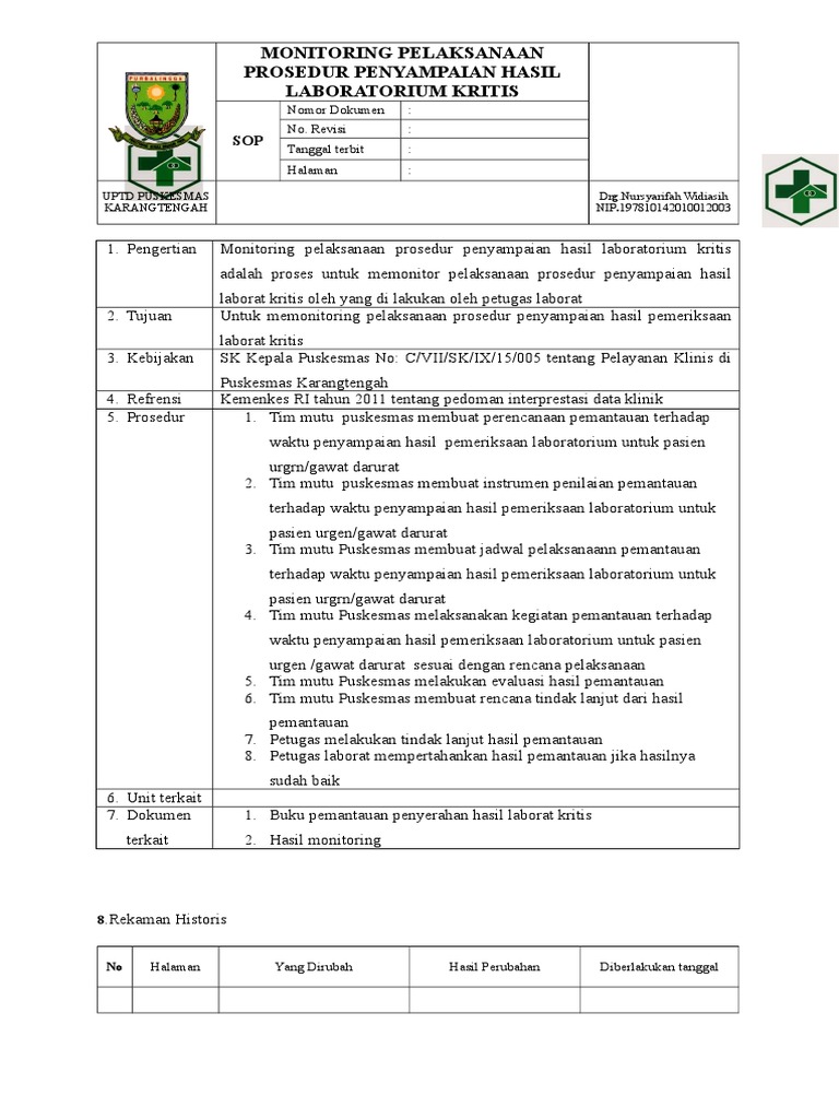 Sop Monitoring Pelaksanaan Prosedur Penyampaian Hasil Laboratorium ...