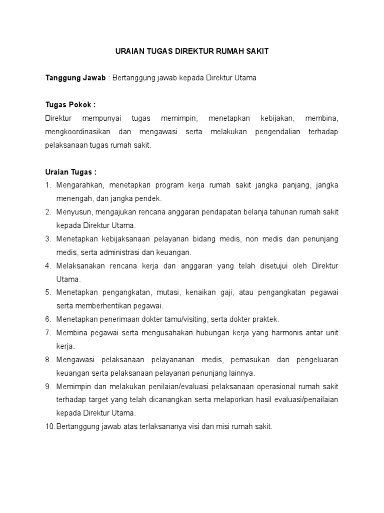 Uraian Tugas Direktur Rumah Sakit | PDF