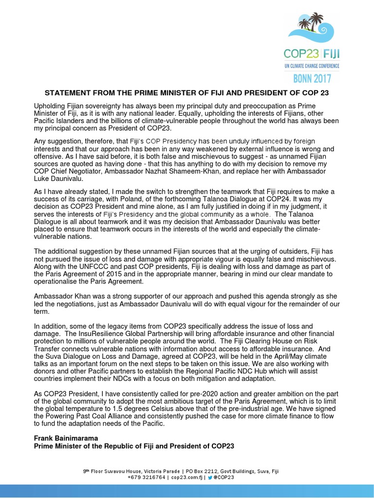 Fiji's COP23 Leadership Statement | PDF | Fiji | International Relations
