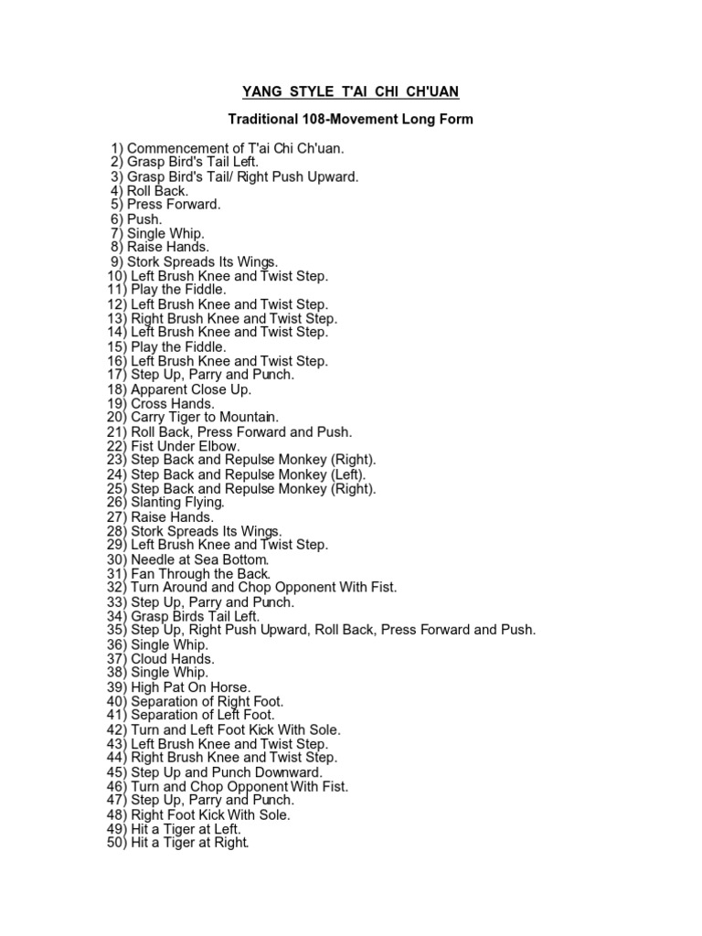 Yang Style T'Ai Chi Ch'Uan Traditional 108-Movement Long Form | PDF ...