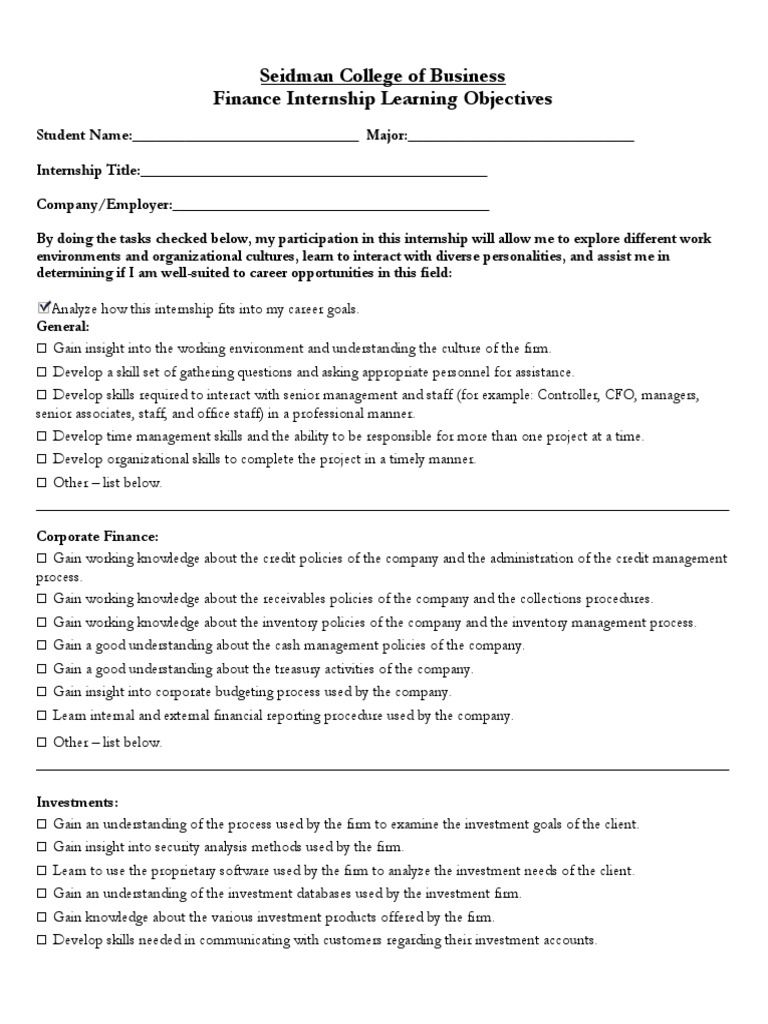 Finance Internship Learning Objectives | PDF | Banks | Business