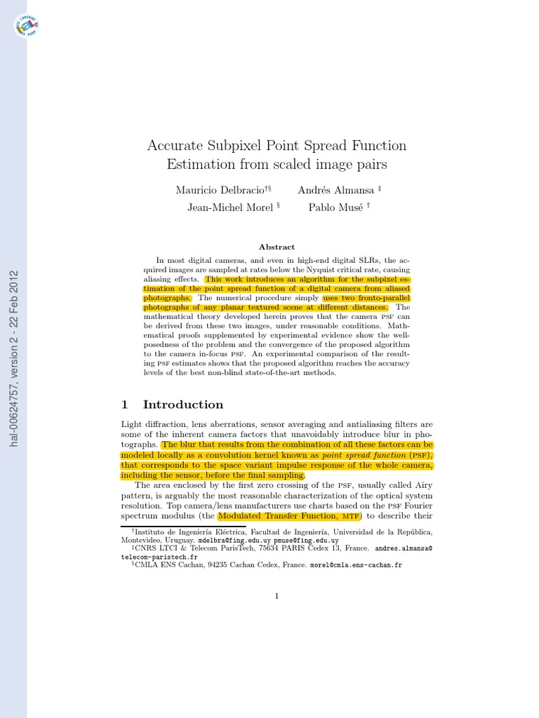 Accurate Subpixel Point Spread Function Estimation From Scaled Image Pairs | PDF | Camera ...
