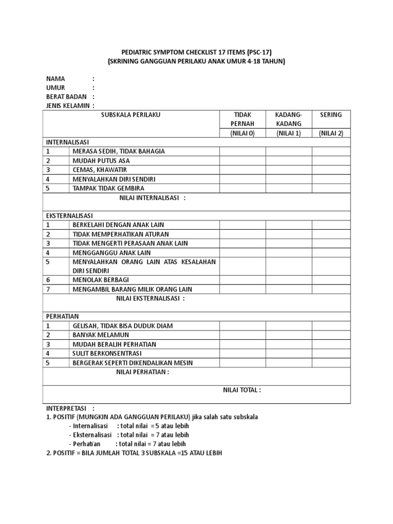 Pediatric Symptom Checklist 17 Items (PSC - 17) | PDF