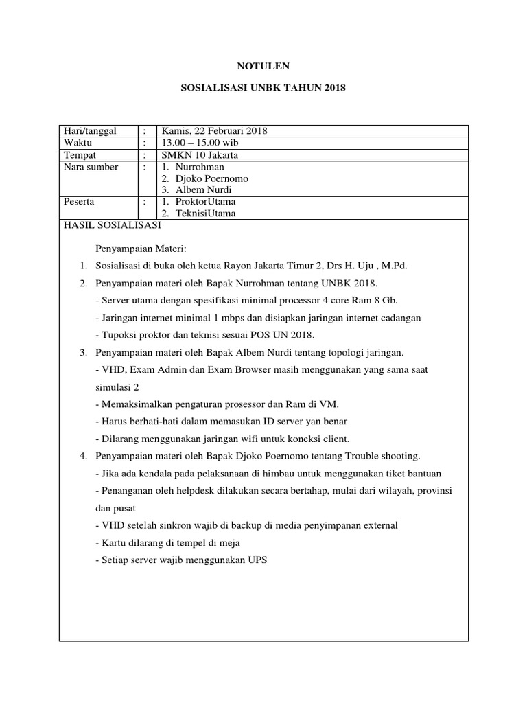 Notulen Sosialisasi UNBK 2018 | PDF | Komputer | Teknologi & Rekayasa