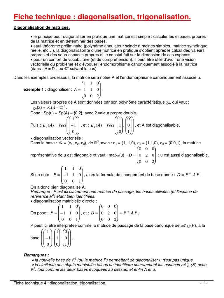 Fiche Technique 5 - Diagonalisation Trigonalisation | PDF | Valeur propre, vecteur propre et ...