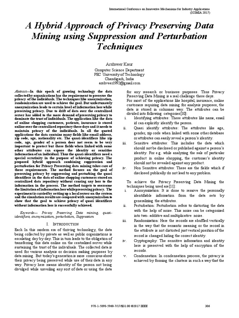 A Hybrid Approach Of Privacy Preserving Data Pdf Privacy Data Mining 2339
