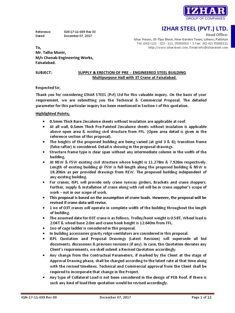 Steel Building Proposal for Multipurpose Hall | PDF | Crane (Machine ...