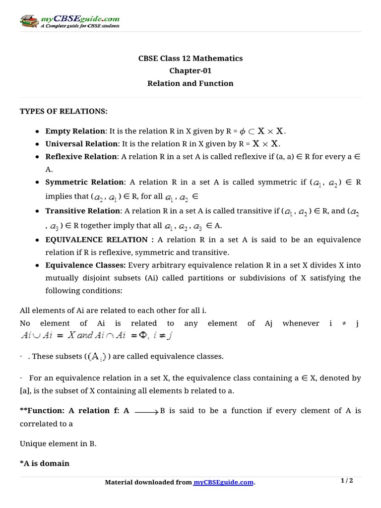 Class 12 Relations and Functions Notes | PDF | Function (Mathematics ...