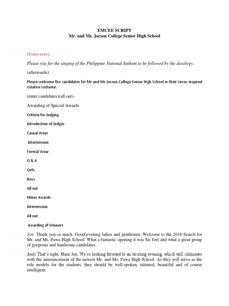 Emcee Script For Pageant | PDF | Beauty | Leisure